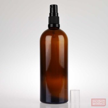 200ml Tall Amber Glass Pharmacy Bottle with Black Atomiser